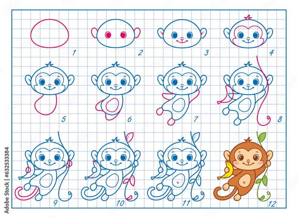 How to Draw Monkey, Step by Step Lesson for Kids cartoon vector ...