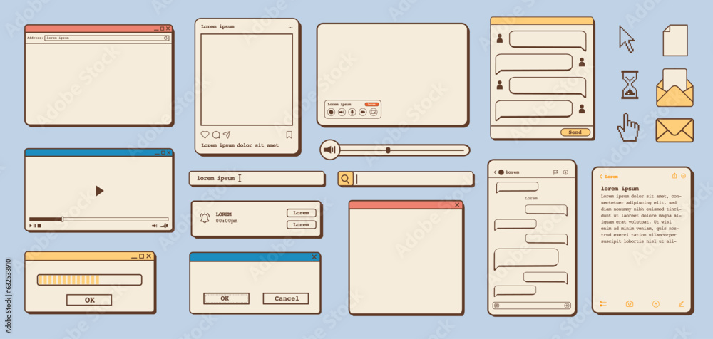 Vector de Stock Vector set of retro vaporwave desktop browser, dialog window, social media app ...