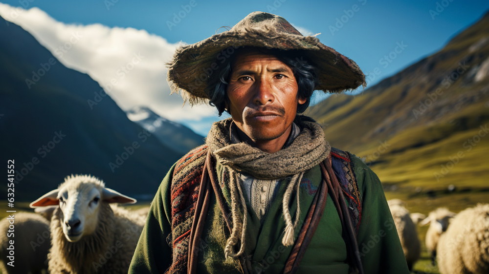 Portrait of a Quechua shepherd in the Peruvian Andes. Man wearing ...