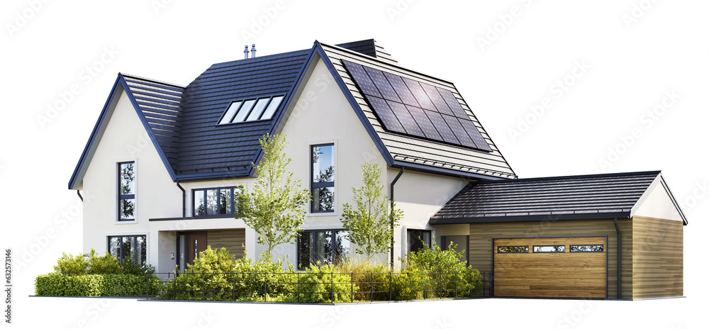 Modern house with solar panels on a transparent background Stock Photo ...