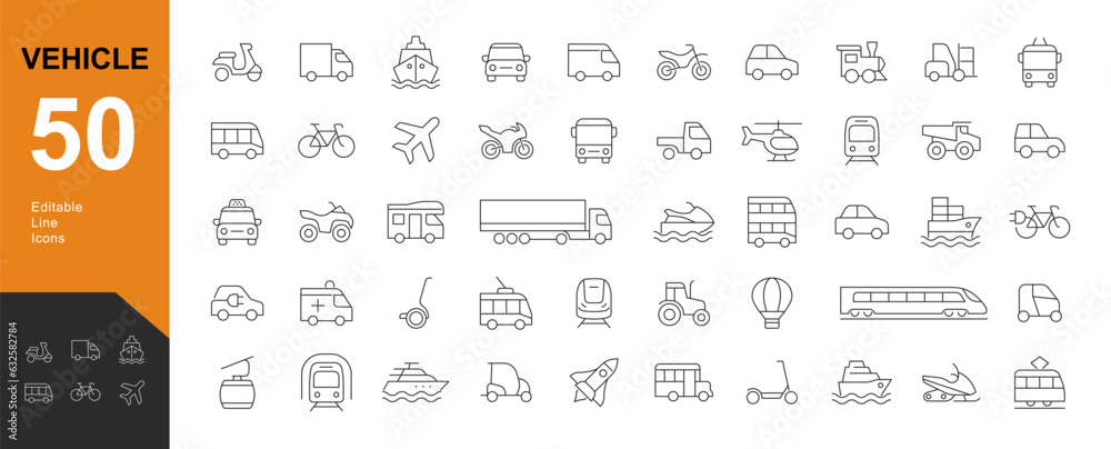 Vehicle Line Editable Icons set. Vector illustration in modern thin ...