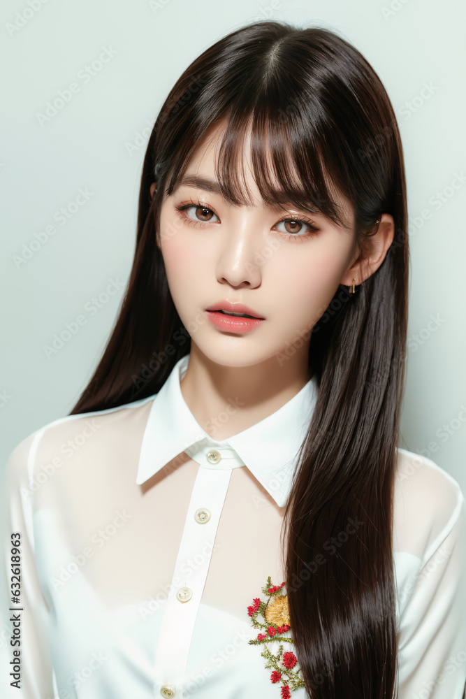 Portrait of beautiful Japanese girl with white button down with ...