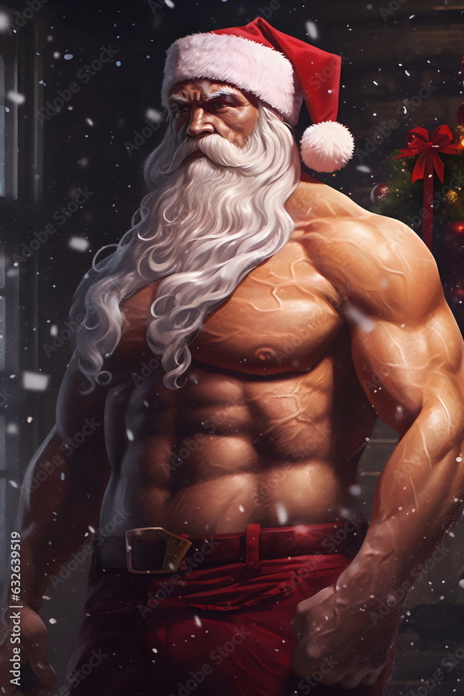 ripped muscular handsome santa claus with huge chest standing shirtless ...