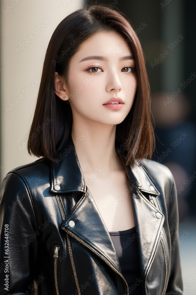 Portrait of beautiful Japanese women wearing cropped leather moto ...