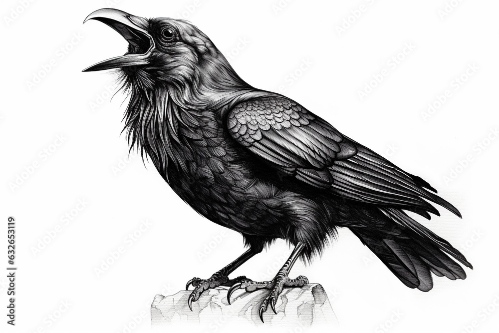 beautiful black and white drawing of black crow. isolated in white ...