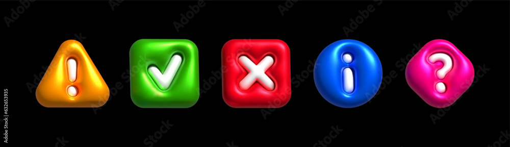 Inflatable exclamation, check mark, question mark, caution, cross 3d ...