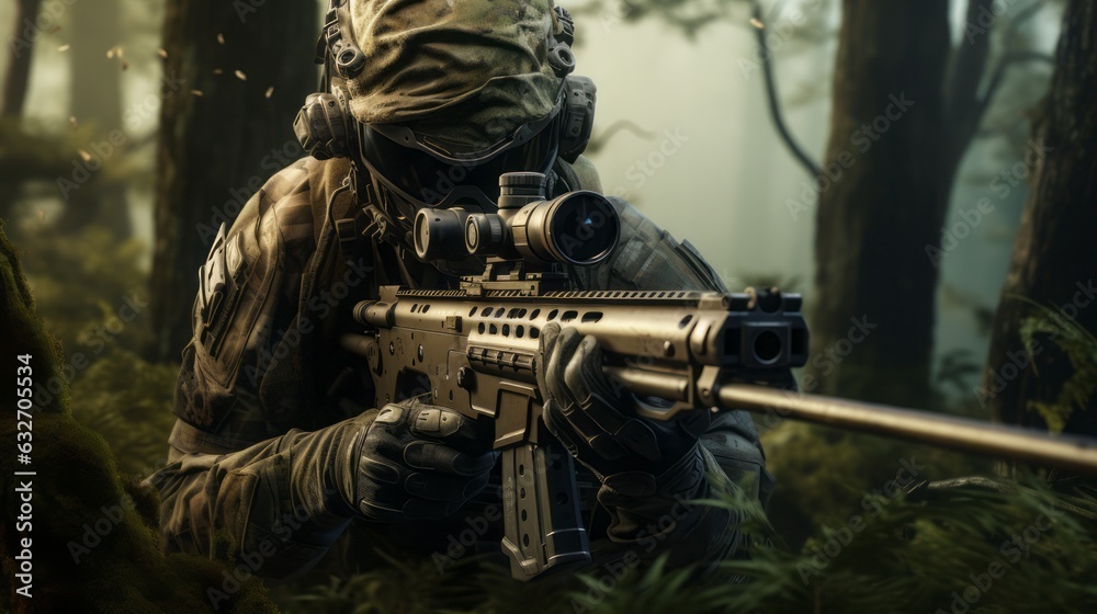hyperrealistic depiction of a battle-hardened sniper entrenched in the ...
