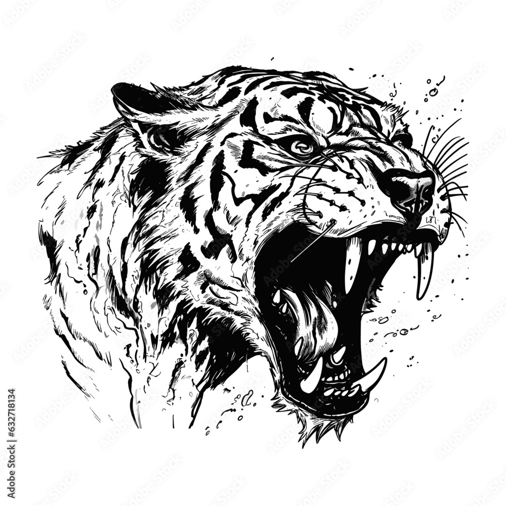 Flash Tattoo Ready: Black and White Hand-Drawn Zombie Tiger Outline ...