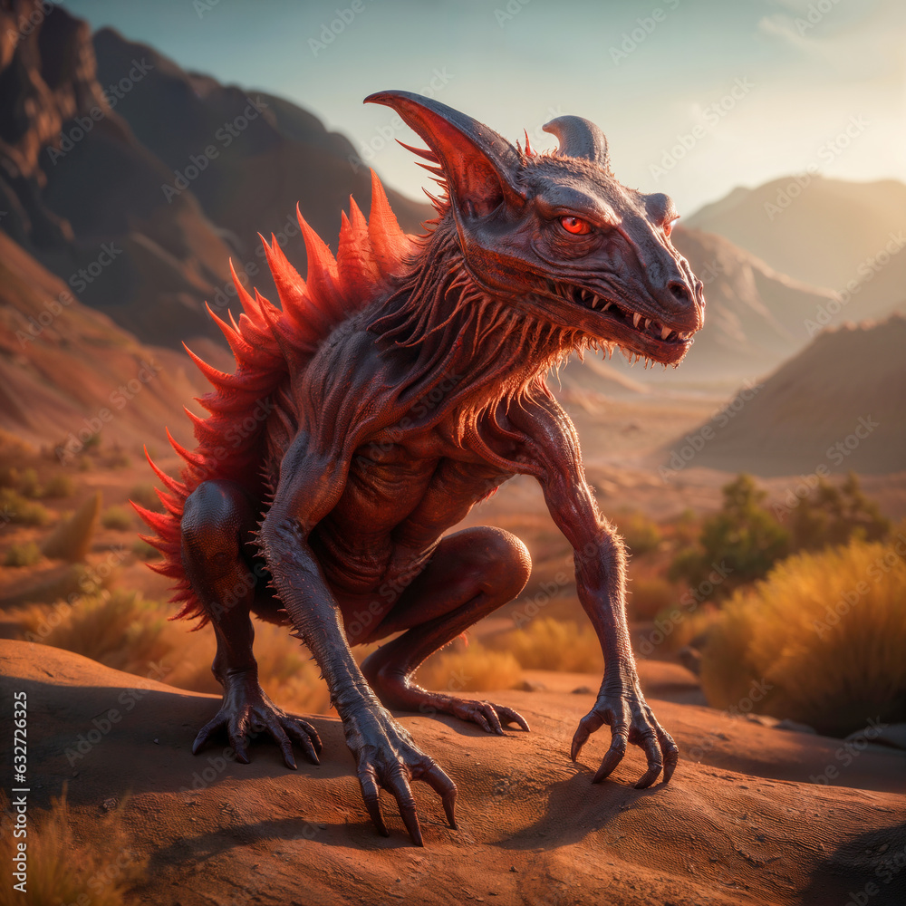 Chupacabra: The Hairless Cryptid of Latin America with Fiery Red Eyes and Menacing Fangs Stock ...