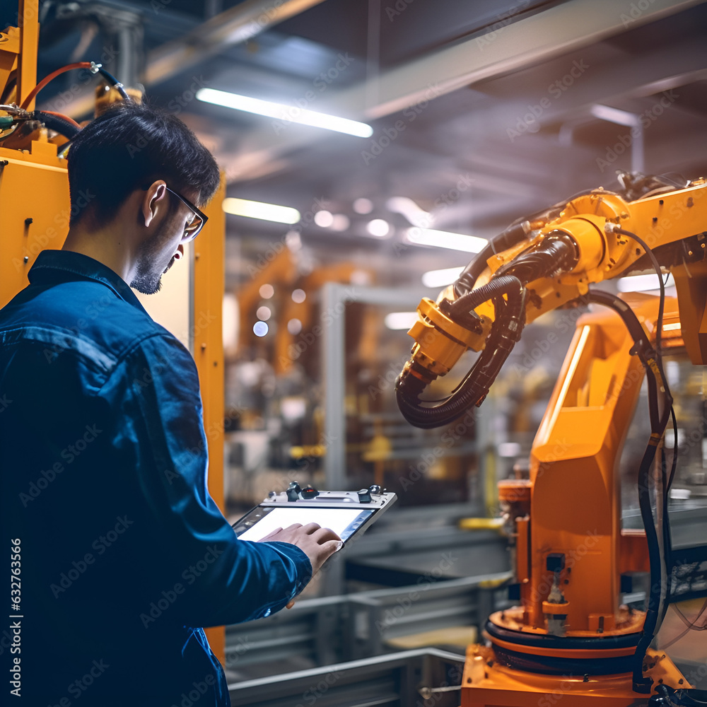 Engineer supervises the production process,blue suit,tablet in hands ...