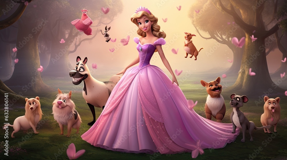 Dreamy cartoon princess in a pink gown, shining with sparkles. A ...