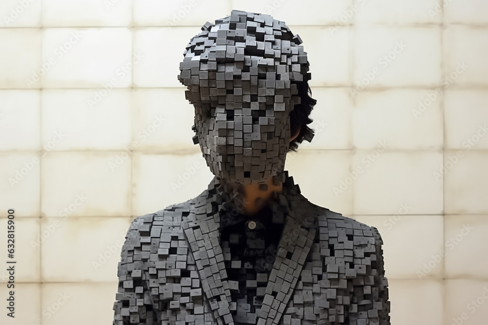 a man fragmented into cube-like pieces, forming a mosaic that ...