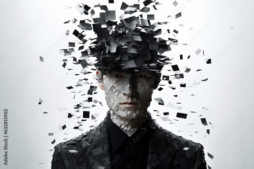 a man fragmented into cube-like pieces, forming a mosaic that ...