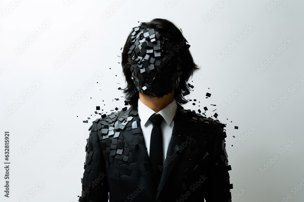 a man fragmented into cube-like pieces, forming a mosaic that ...