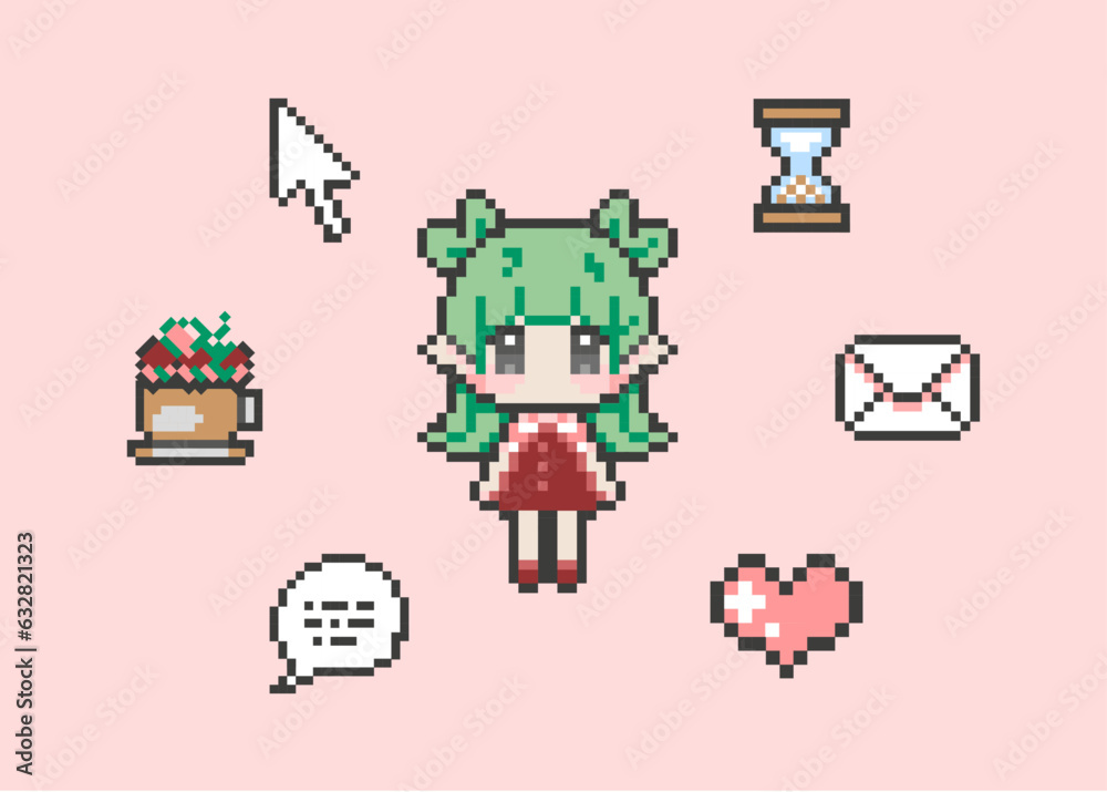 Character and icons in pixel art style. A girl in a dress, a set of ...