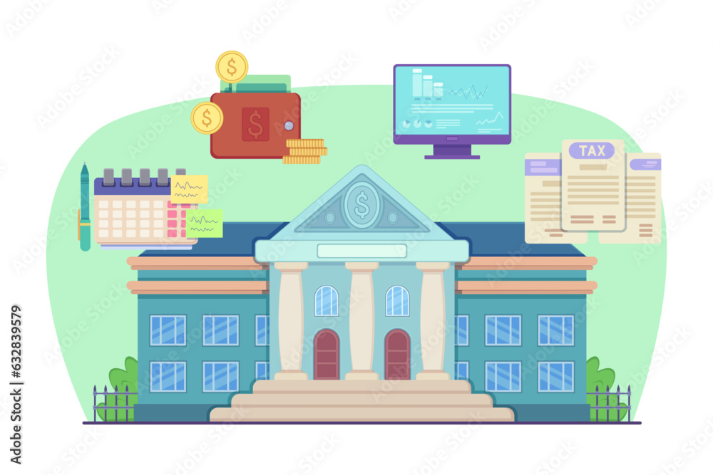 Bank building with financial symbols vector illustration. Cartoon ...
