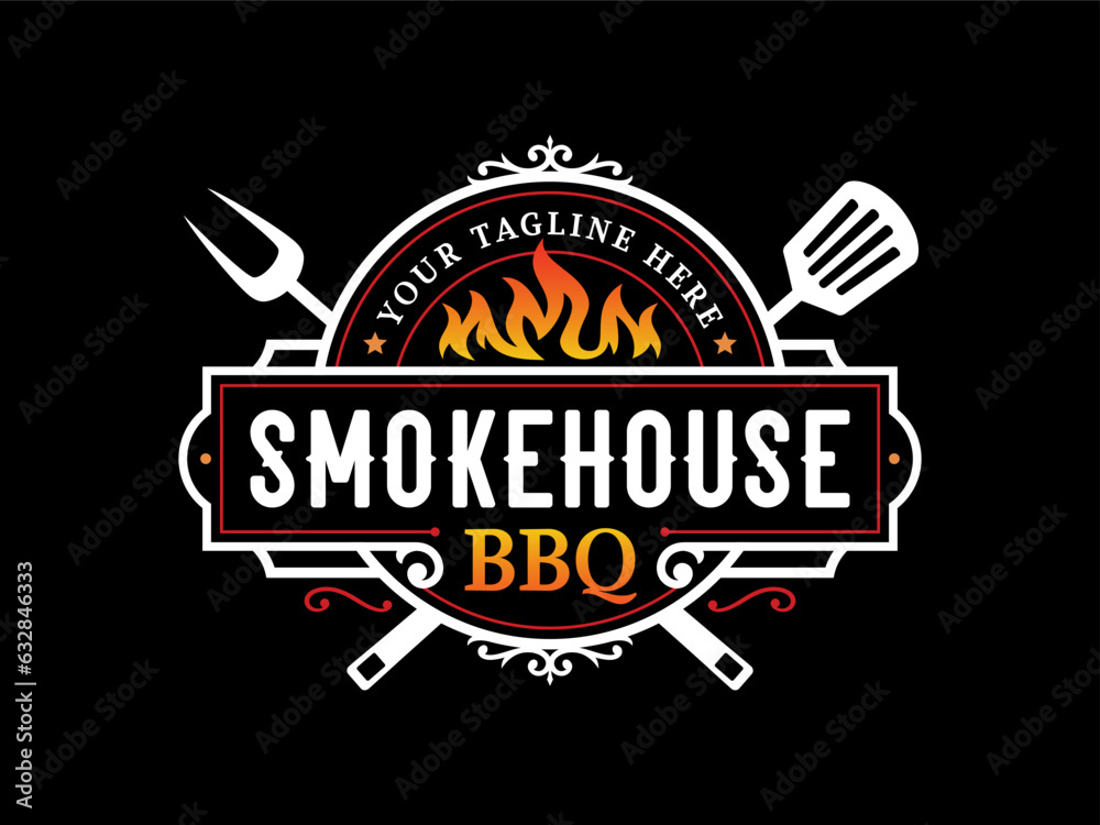 Barbecue smokehouse bbq barbeque bar and grill logo design with fork ...