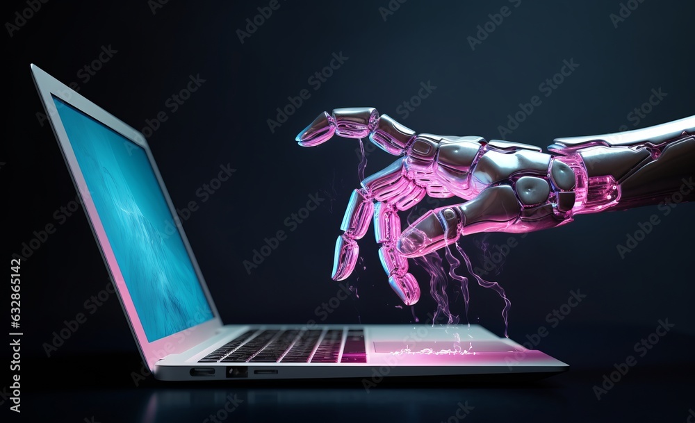 Futuristic Robot Hand Typing on Blue Digital Background with Technology ...