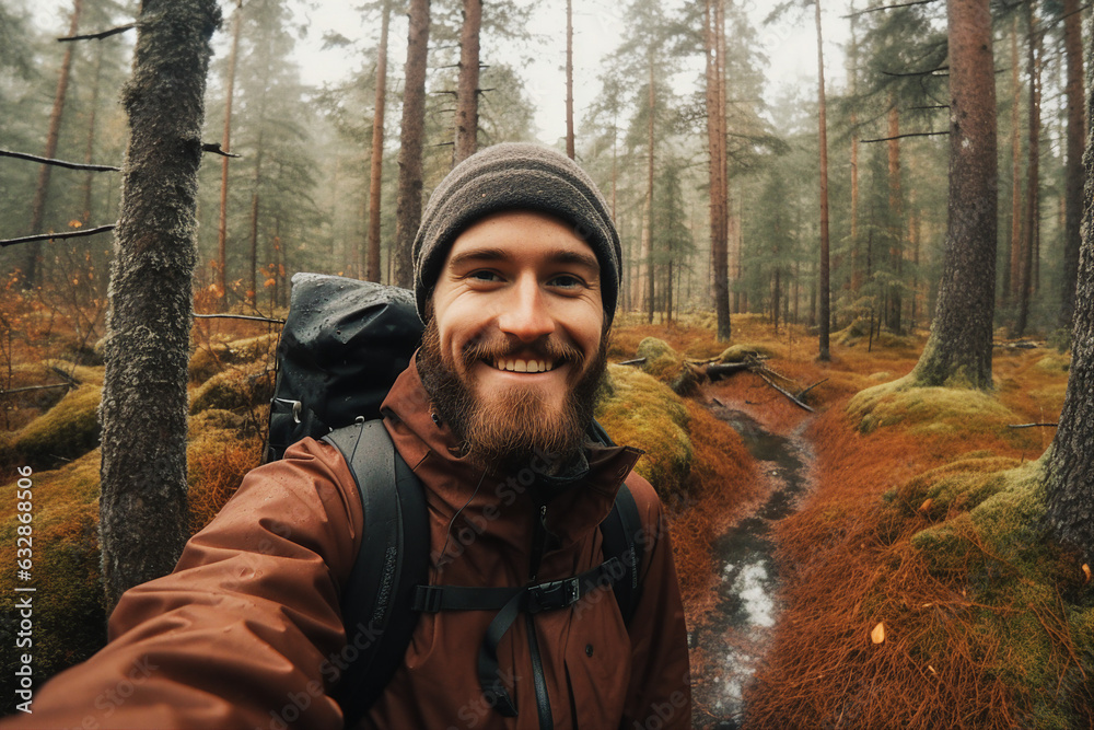 Generative AI picture image of wanderer person guy in tourist gear ...