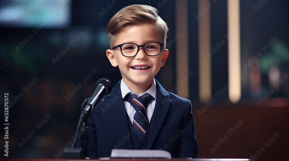 Photography of a pleased, child boy that is delivering a presentation ...