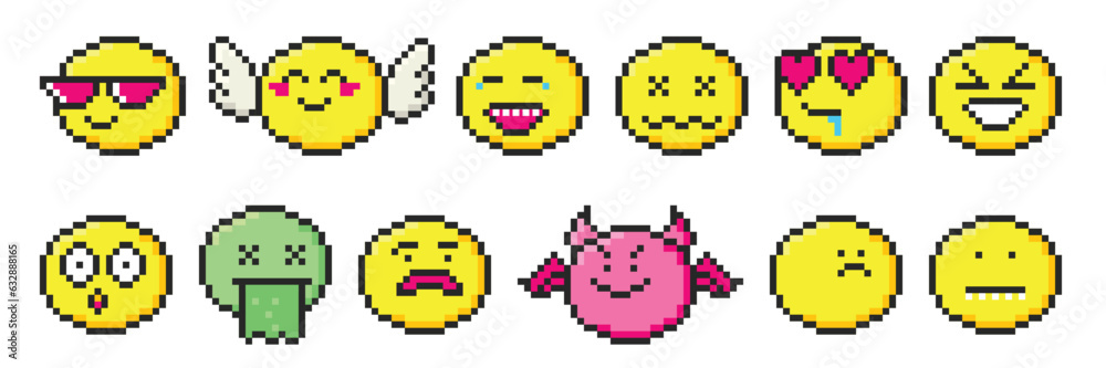 Retro game 8 bit pixel art emoji icon set. Emoticon with various ...