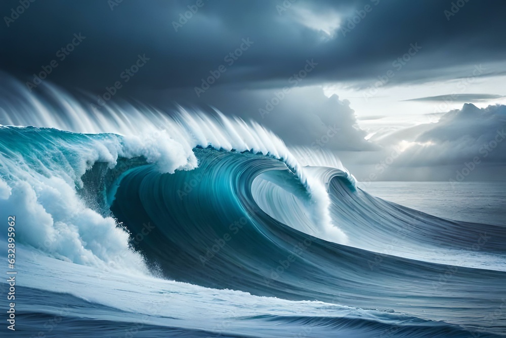Dramatic portrayal of a turbulent sea with towering waves amidst a ...