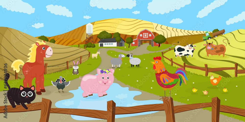 Cartoon animals on farm, cow, pig, chicken, horse, sheep, cat ...