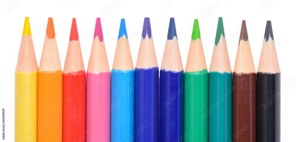 Collection set of colored pencils crayons orderly aligned in a row, art ...