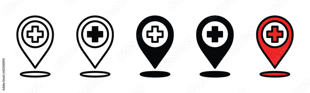 Hospital map pin location icons. Map pin location with red cross icon ...