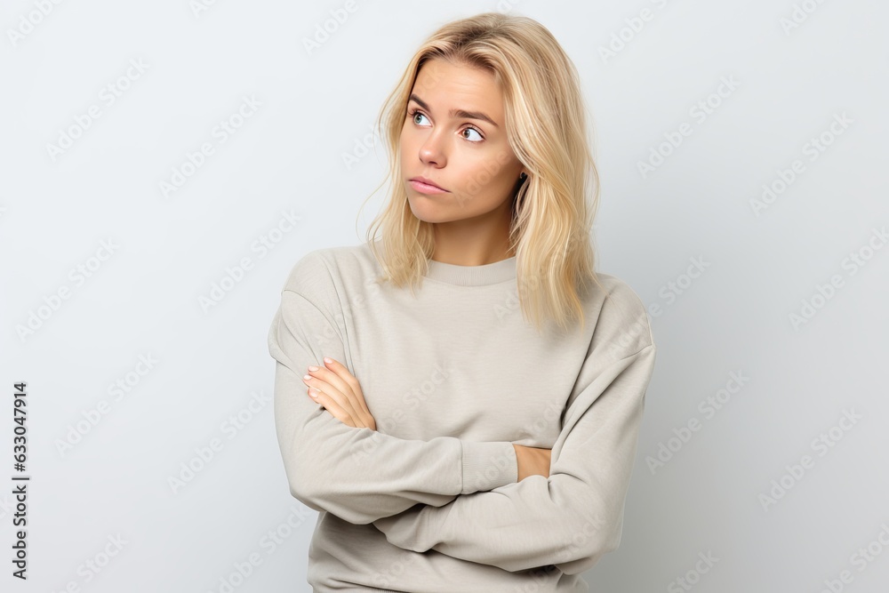 Portrait of troubled and annoyed blond girl tired of listening same old ...