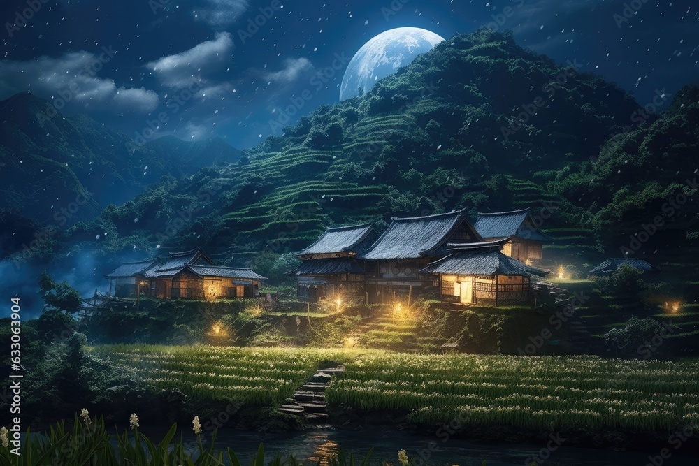 The backdrop features rice field terraces at night in an Asian mountain ...