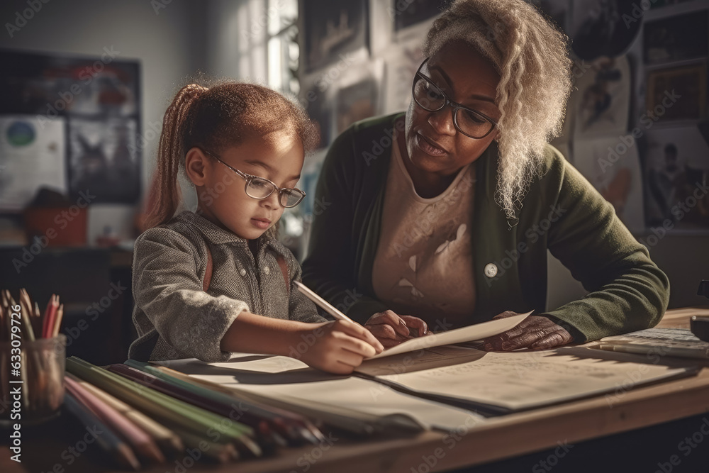 Afro american family, mom and son while doing homework from school. The ...