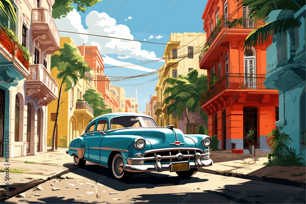 cuban car in the middle of the street in havana Stock Vector | Adobe Stock