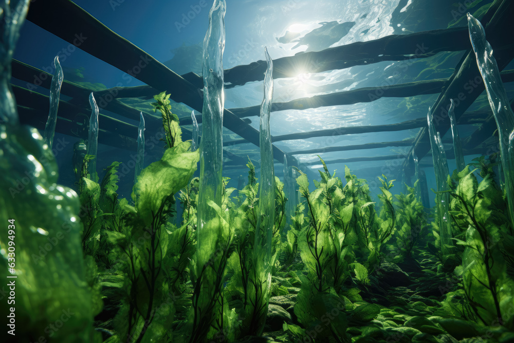 Thriving growth of seaweed algae on lines in an aquaculture farm ...