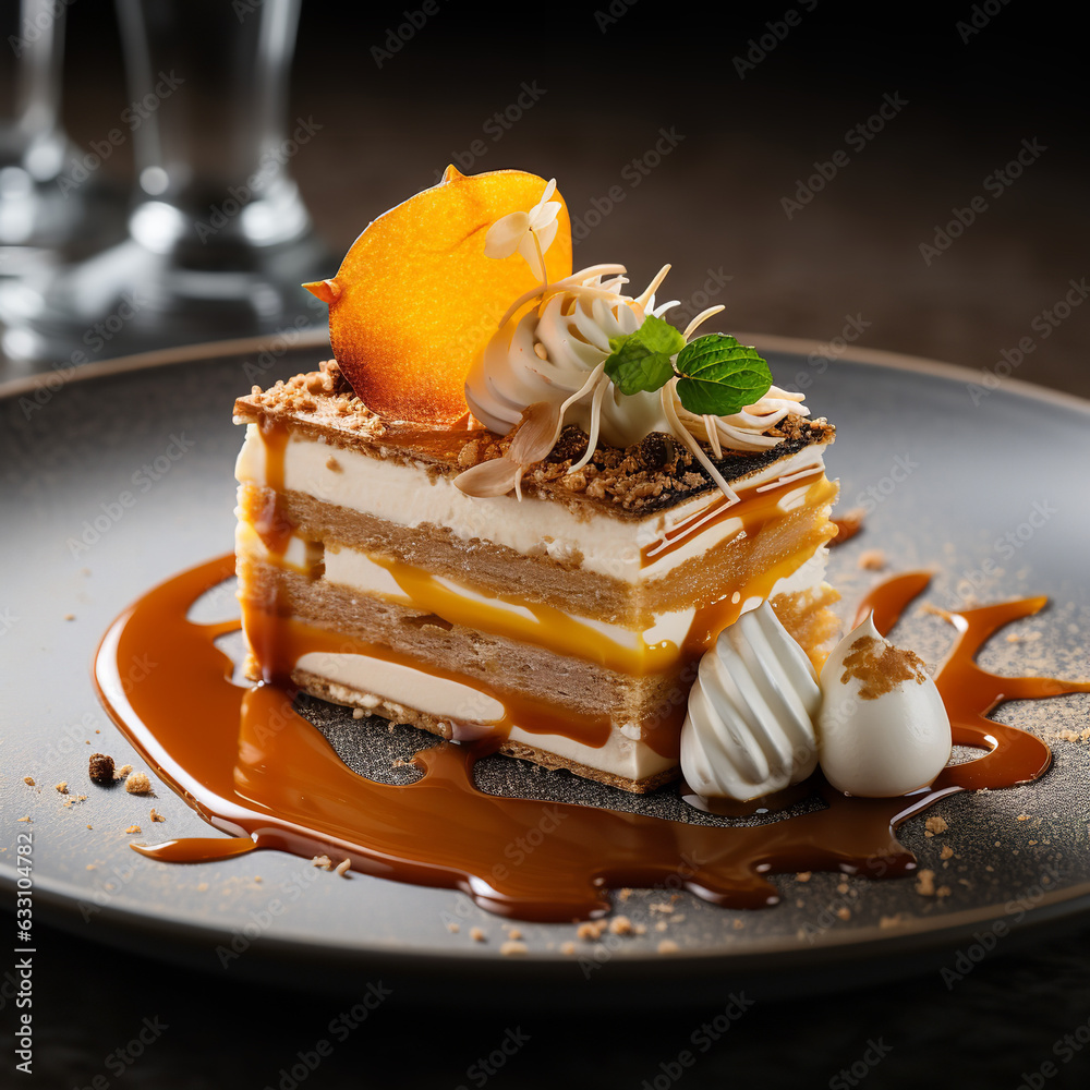 delicious michelin star cake mousse fruit caramel fine dining plate ...