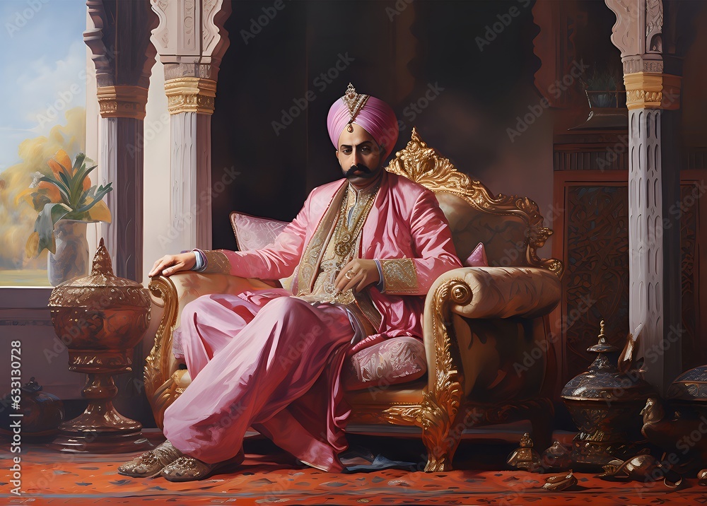 An oil painting of a Hindu maharaja. A king seated on his throne ...