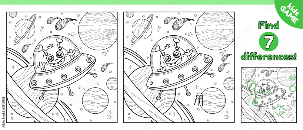 Kids game. Find differences and color picture. Coloring page on space ...
