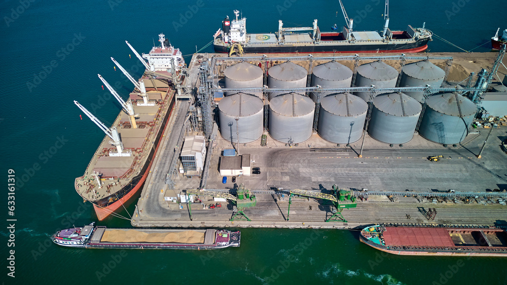 Loading grain into holds of sea cargo vessel in seaport from silos of ...