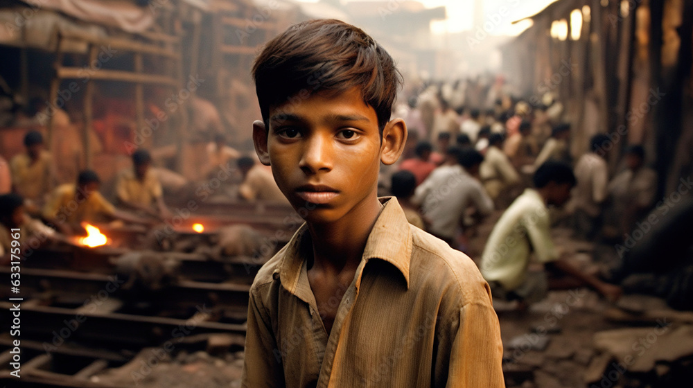 Young Indian Boy in India Slum. Fire and People Praying at Temple in ...