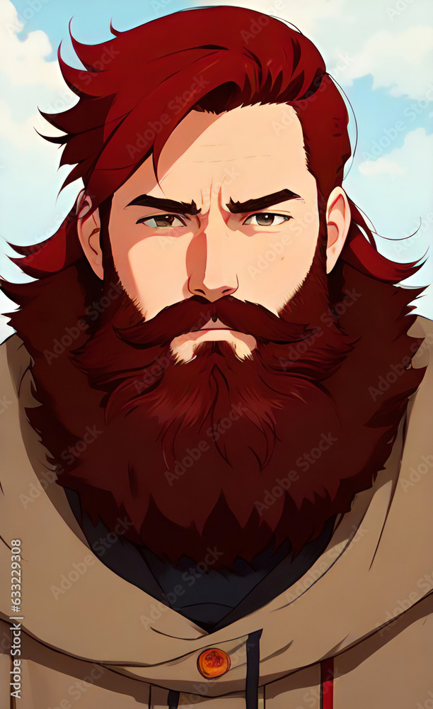 Anime boy with red hair, anime man with beard. Male in anime style ...