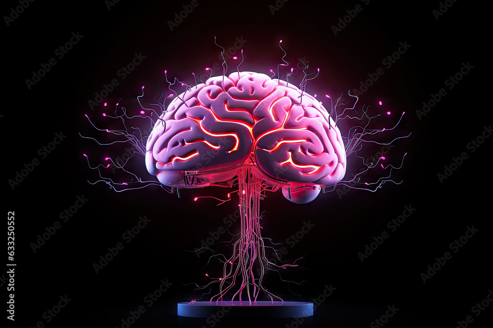 Digital AI electronic brain made from metallic with neon light, neural ...