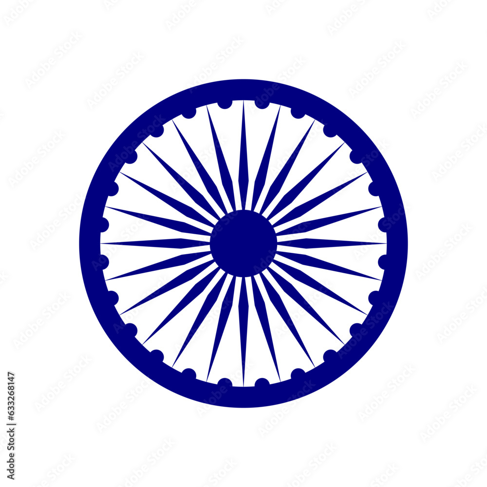 Blue Ashok Chakra wheel symbol in flat style design isolated on white ...