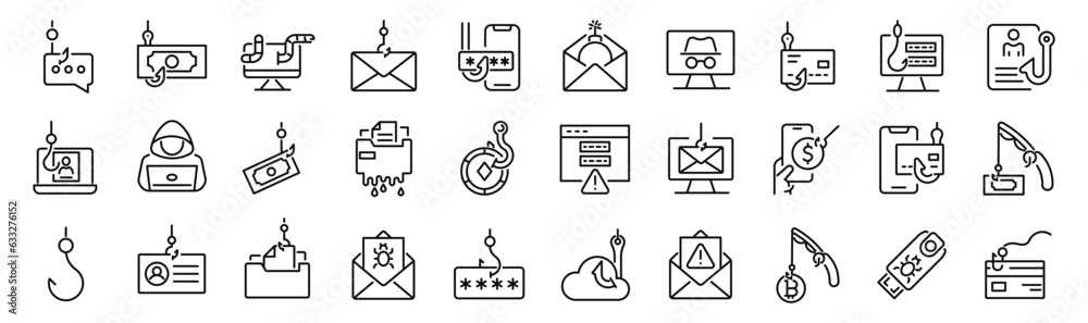 Set of 30 outline icons related to scam, phishing. Linear icon collection. Editable stroke ...