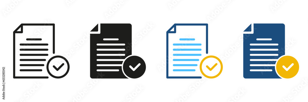 Document with Check Mark Line and Silhouette Icon Set. Approved Form Black and Color Pictogram ...