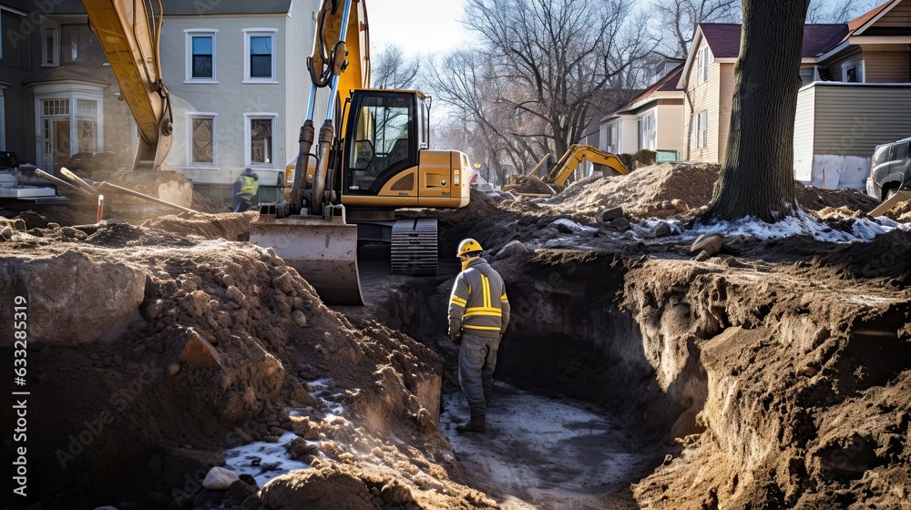 Excavation work as heavy machinery meticulously clears the ground ...