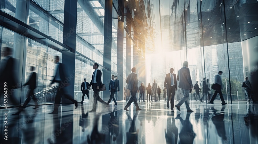 Blurred group of busy business people moving through a corporate office ...
