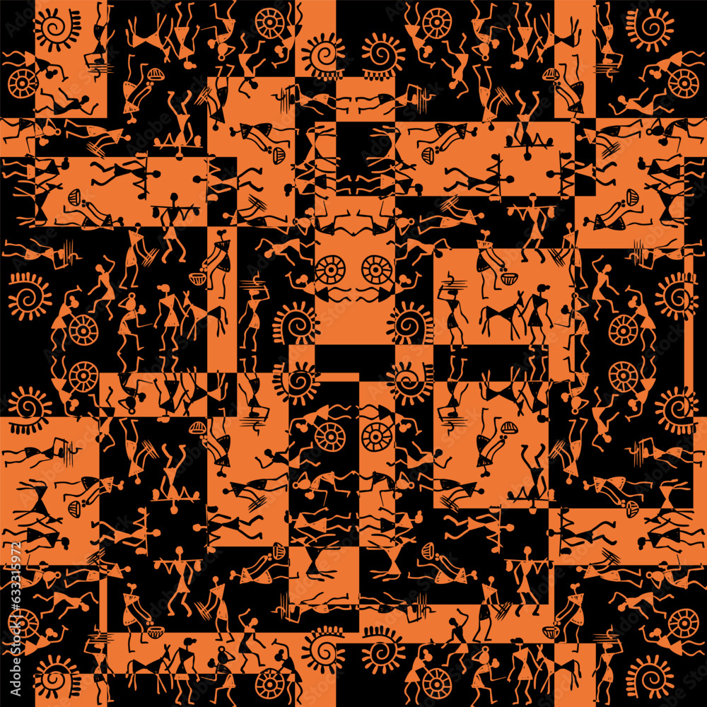 Warli painting seamless pattern - hand drawn traditional the ancient ...