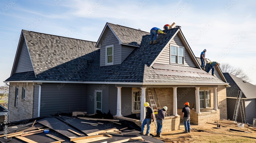 Construction crew as they skillfully affix roofing shingles to a newly ...