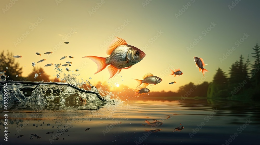 Fish as they breach the surface of the water, snatching insects from ...