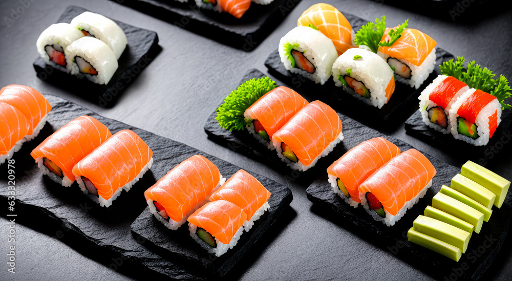 Foto de Stock sushi food. Maki ands rolls with tuna, salmon, shrimp ...